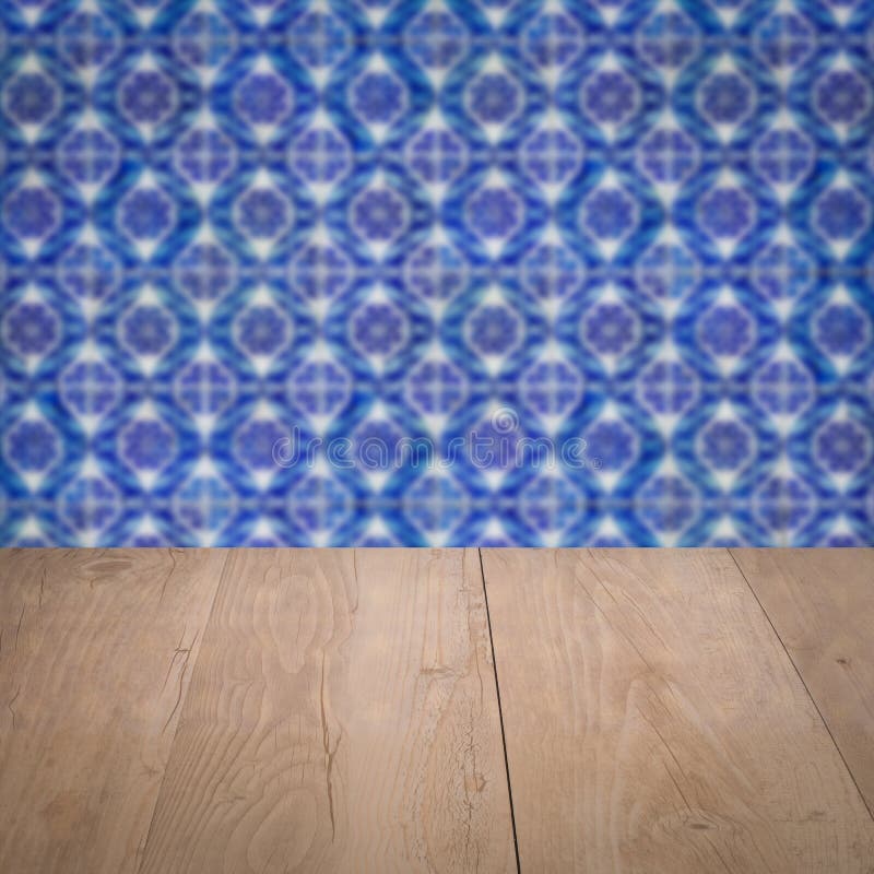 Wood Table Top and Blur Vintage Ceramic Tile Pattern Wall Stock Image ...