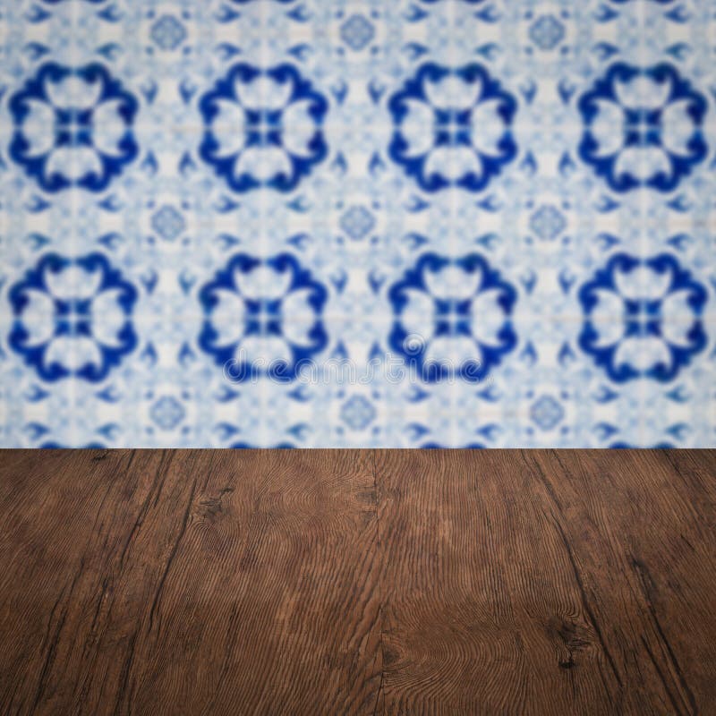 Wood Table Top and Blur Vintage Ceramic Tile Pattern Wall Stock ...