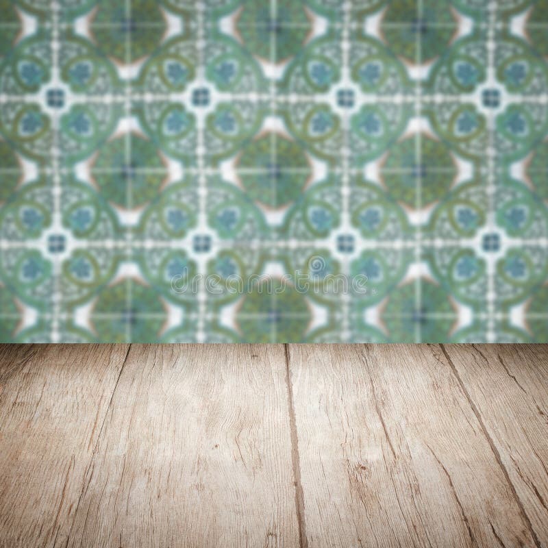 Wood Table Top and Blur Vintage Ceramic Tile Pattern Wall Stock ...