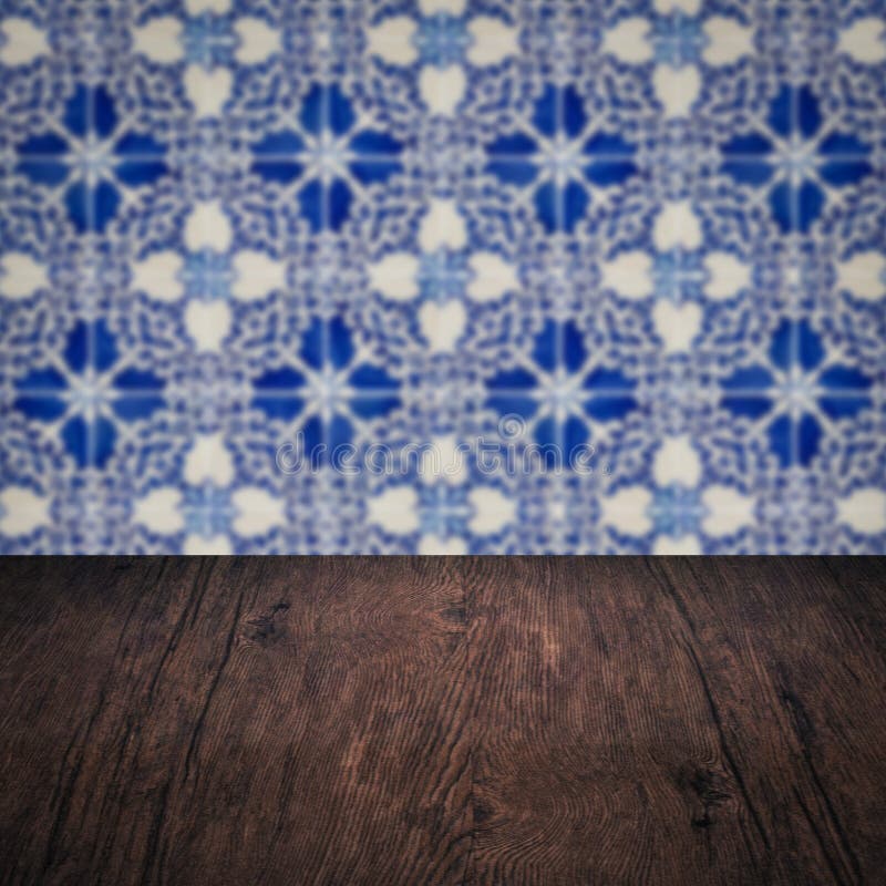 Wood Table Top and Blur Vintage Ceramic Tile Pattern Wall Stock ...