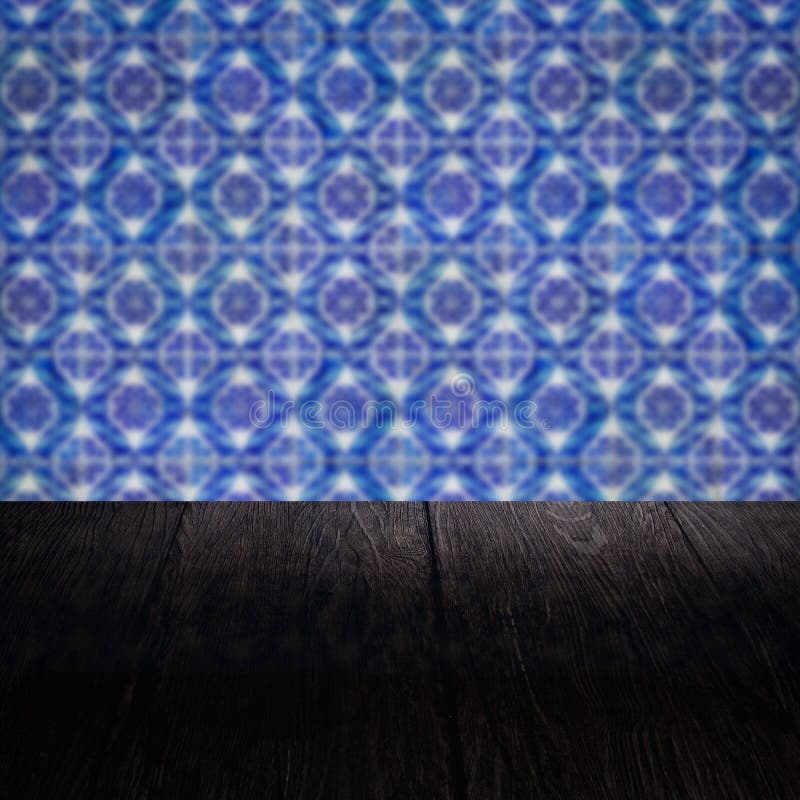 Wood Table Top and Blur Vintage Ceramic Tile Pattern Wall Stock Photo ...