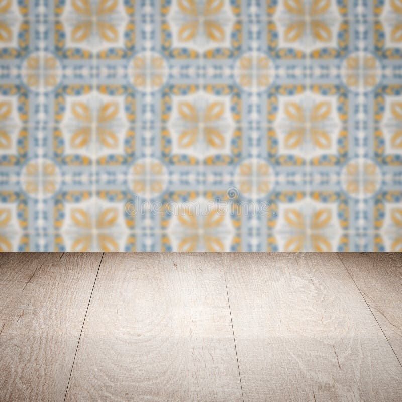 Wood Table Top and Blur Vintage Ceramic Tile Pattern Wall Stock Image ...