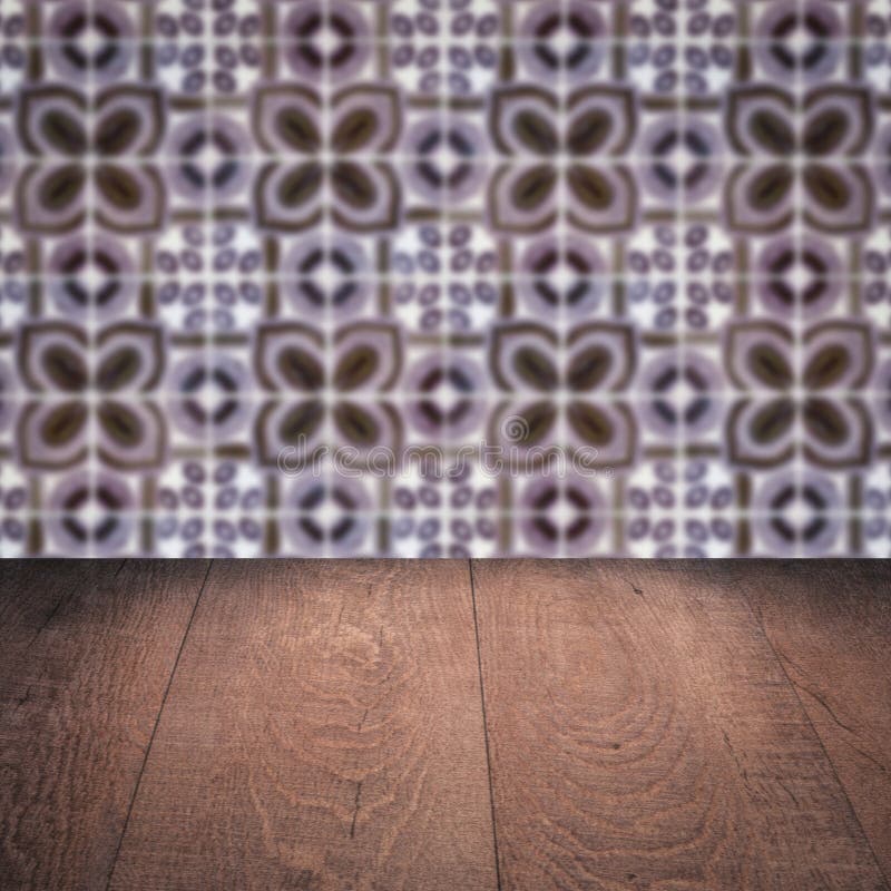 Wood Table Top and Blur Vintage Ceramic Tile Pattern Wall Stock Photo ...