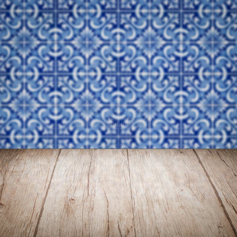 Wood Table Top and Blur Vintage Ceramic Tile Pattern Wall Stock Image ...