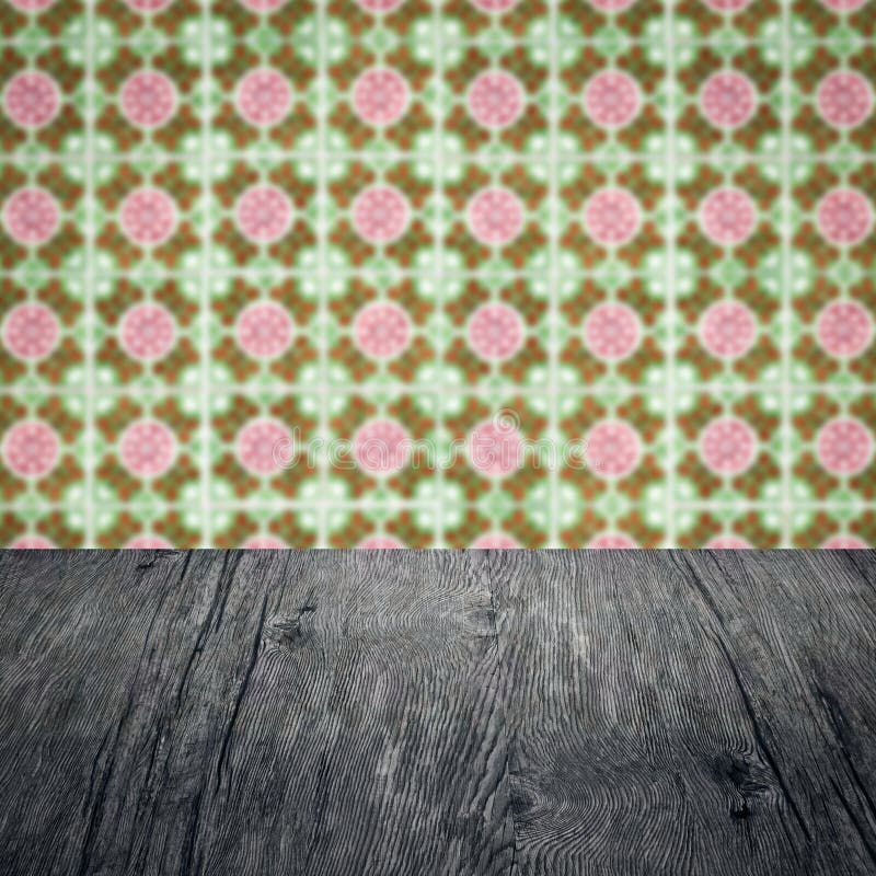 Wood Table Top and Blur Vintage Ceramic Tile Pattern Wall Stock Image ...