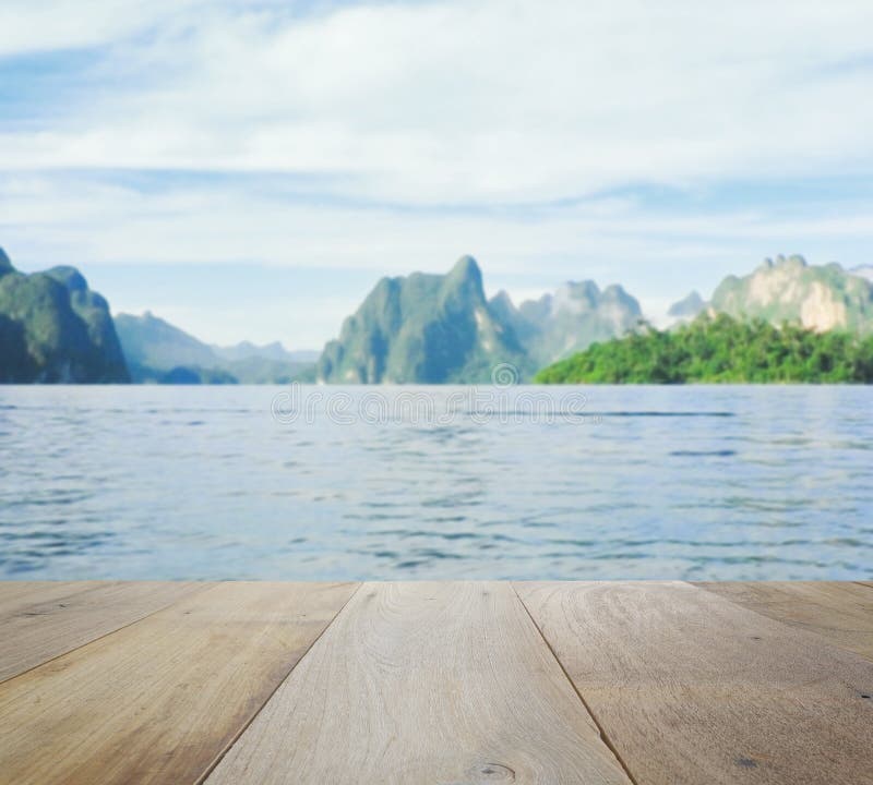 Wood Table Top on Blurred Beautiful Landscape with Mountain and Lake ...