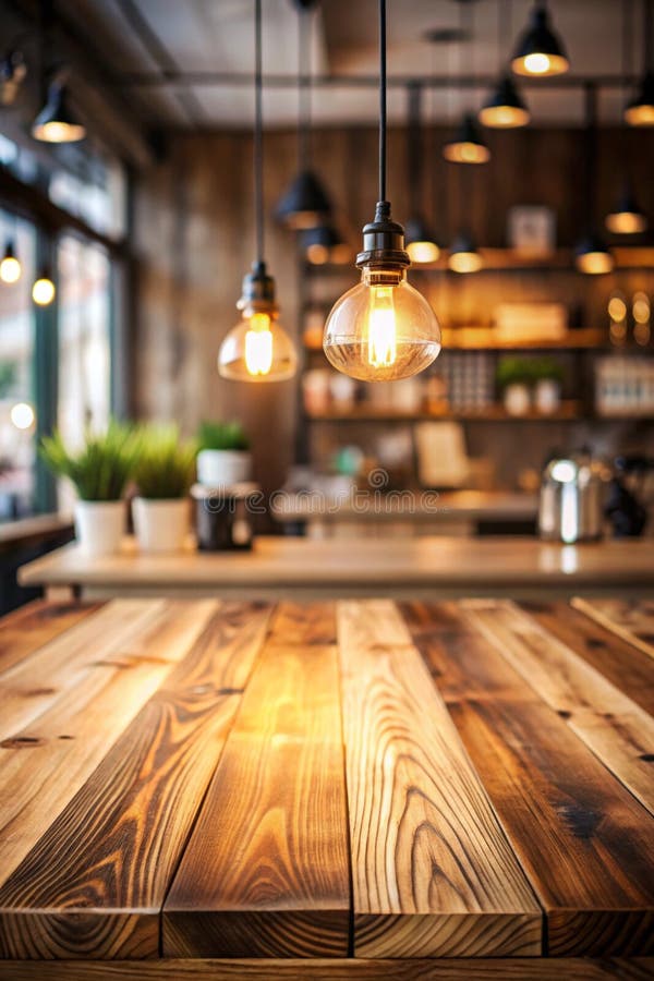 Wood Table Top with Blurred Cafe Counter and Light Bulb Background ...