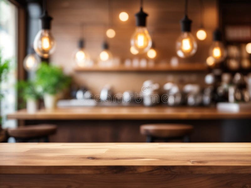 Wood Table Top on Blurred of Counter Cafe Shop with Light Bulb ...