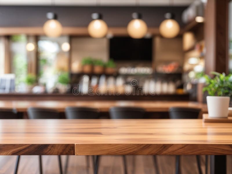 Wood Table Top on Blurred of Counter Cafe Shop with Light Bulb ...