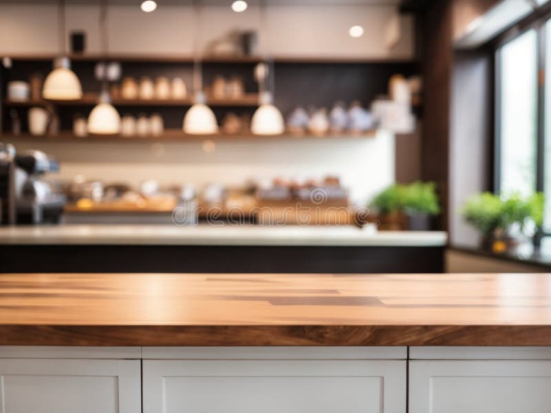 Wood Table Top on Blurred of Counter Cafe Shop with Light Bulb ...