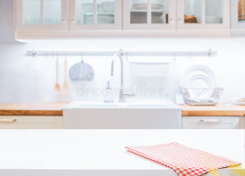 Wood Table Top on Blurred Kitchen Background Stock Photo - Image of ...