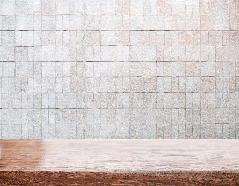 Wood Table Top with Grey Granite Stone Tile Wall Background - Display ...