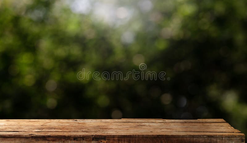 Wood Table Top in Montage Front of of Trees in the Forest. Blur ...