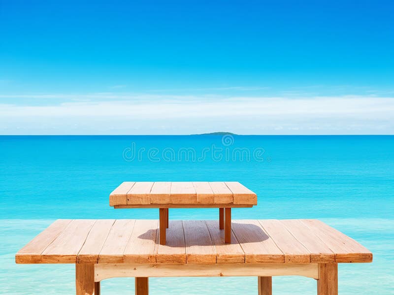 Wood Table Top Summer Beach Background Photo Stock Illustration ...