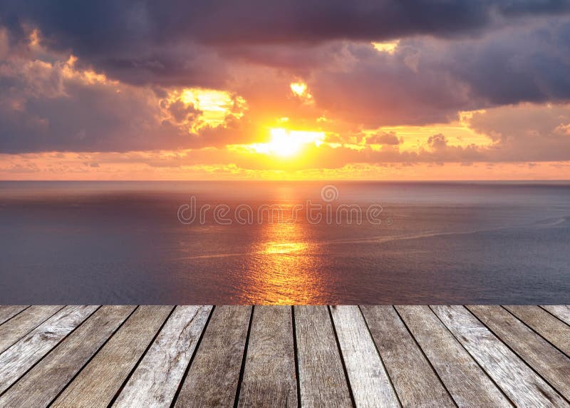 Wood Table Top on Sunshine Over Sea in Sunset Stock Image - Image of ...