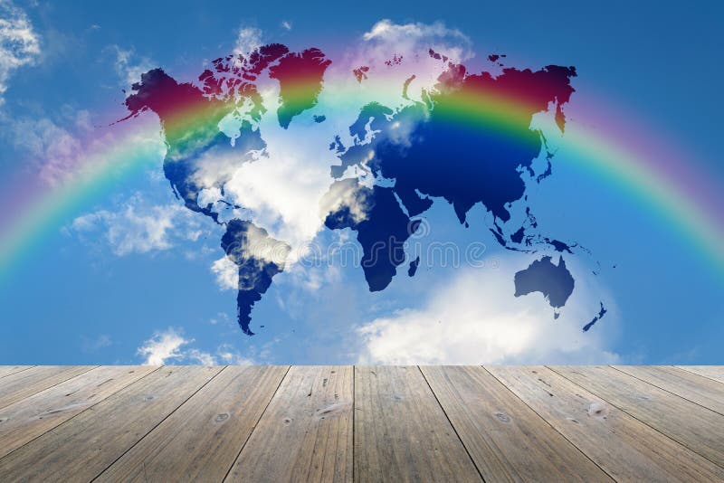 Wood Terrace and Blue Sky with World Map and Rainbow Stock Image ...