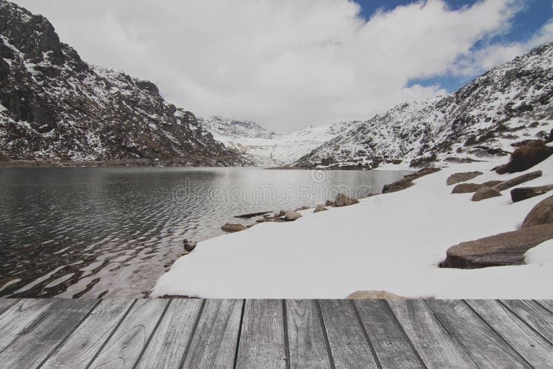 Wood Terrace and Lake Landscape on Snow Mountain. Stock Image - Image ...