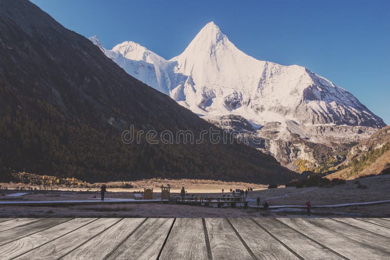 Wood Terrace and Snow Mountain Landscape. Stock Image - Image of ...