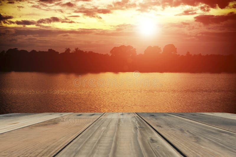 Wood Terrace with Sunrise and Sunset Sky Background Stock Image - Image ...