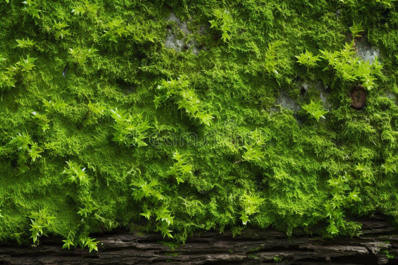 Wood Texture Background with Fresh Green Moss and Budding Leaves Stock ...