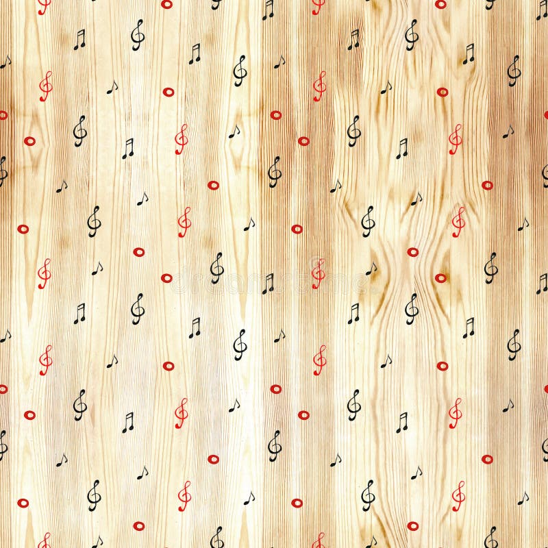 Wood Texture - Musical Background. Watercolor Notes Seamless Pattern ...