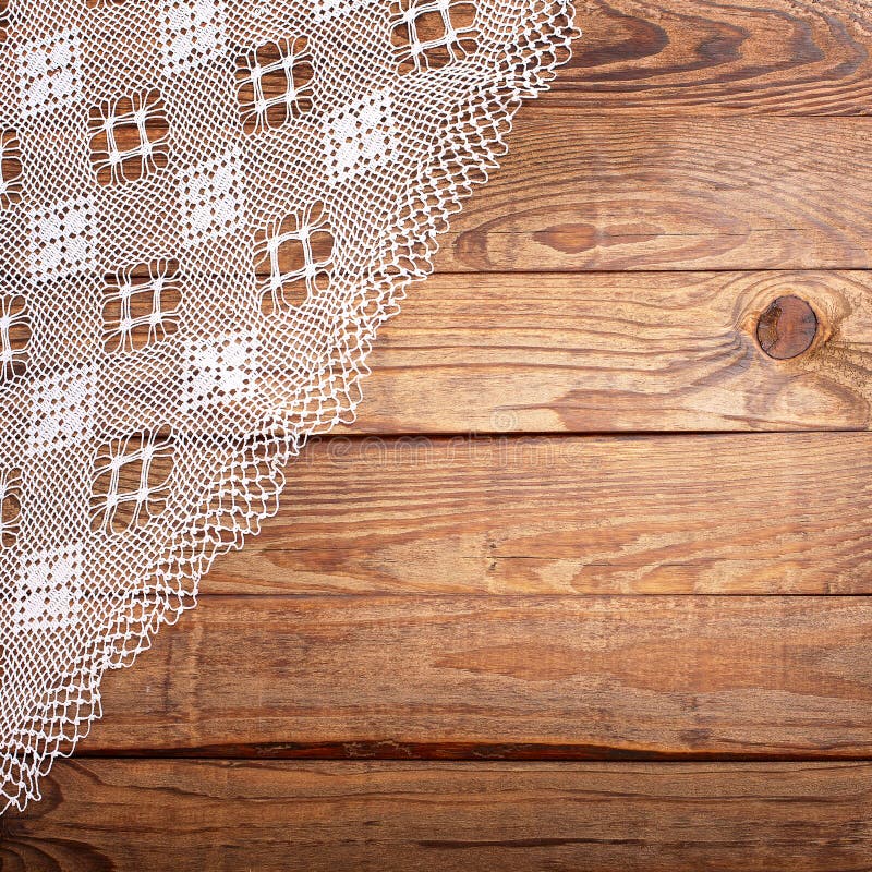 Wood Texture, Wooden Table with White Lace Tablecloth Top View. Stock ...
