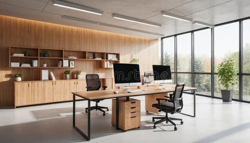 Wood Tone Workspace with Clean Tech Setup Stock Illustration ...