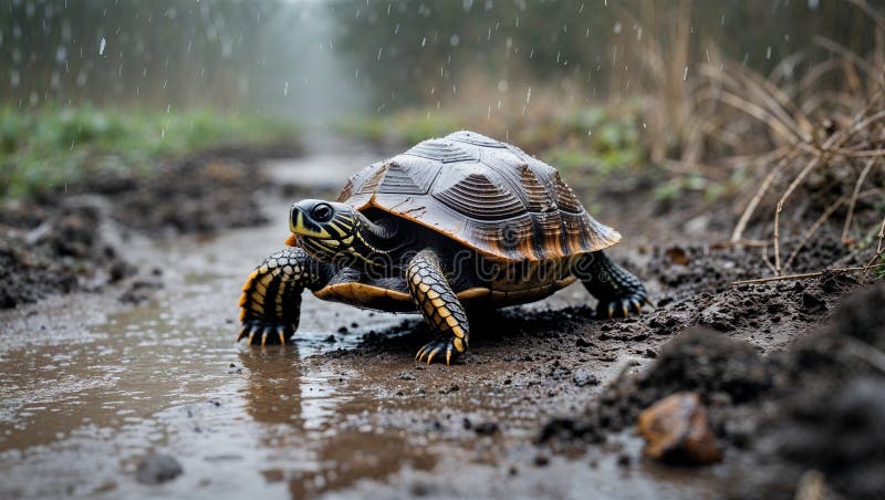 Wood Turtle Crawling Along Muddy Path after Light Rain Stock ...