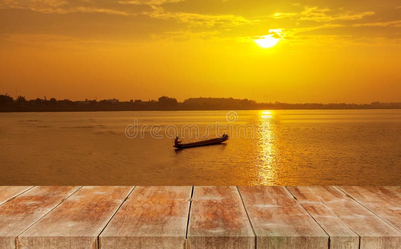Wood Walk or Terrace Over River Side with Sunset . Stock Photo - Image ...