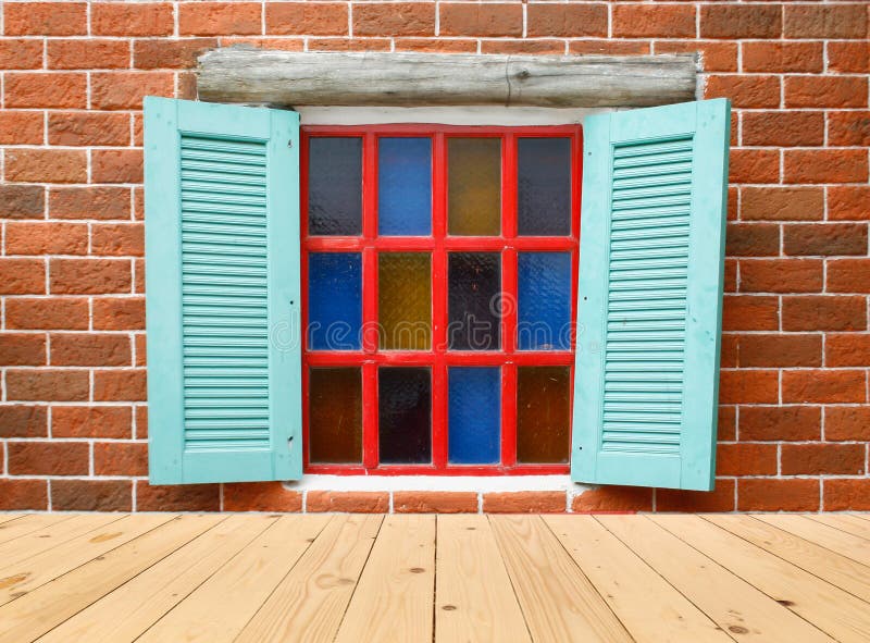 Wood Window with Brick Block Stock Image - Image of concept, colorful ...