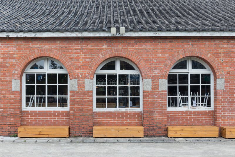 Wood Windows with Red Bricks Wall Arched Windows Stock Photo - Image of ...