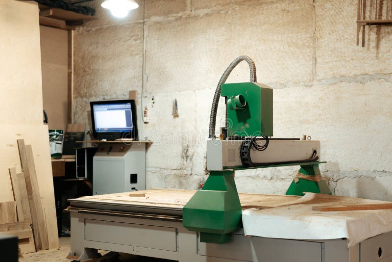 Wood Working CNC Machine at Carpentry Workshop Close Up Stock Photo ...