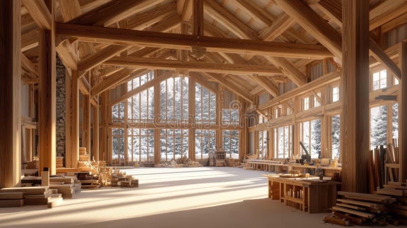 Wood Workshop Interior with Wooden Structure and Winter View. Authentic ...