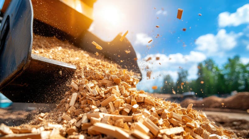 Woodchipper Processing Wood Chunks on Sunny Day with Debris Flying ...