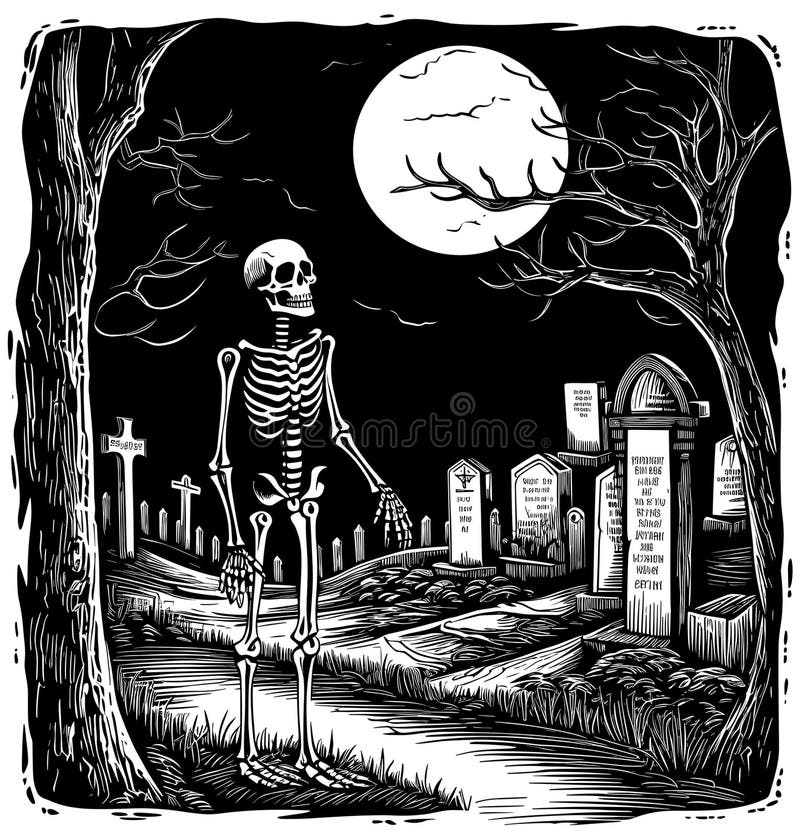Skeleton in Graveyard stock vector. Illustration of woodcut - 286364143