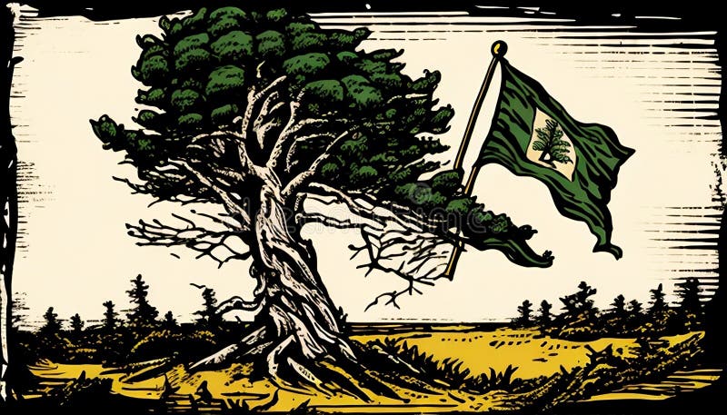 "Woodcut Tree with Flag: a Vector Illustration" Made with Generative AI ...