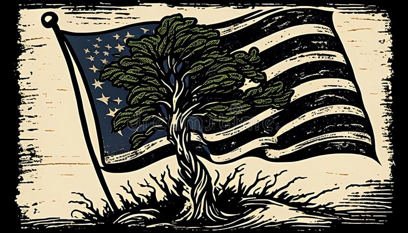 "Woodcut Tree with Flag: a Vector Illustration" Made with Generative AI ...