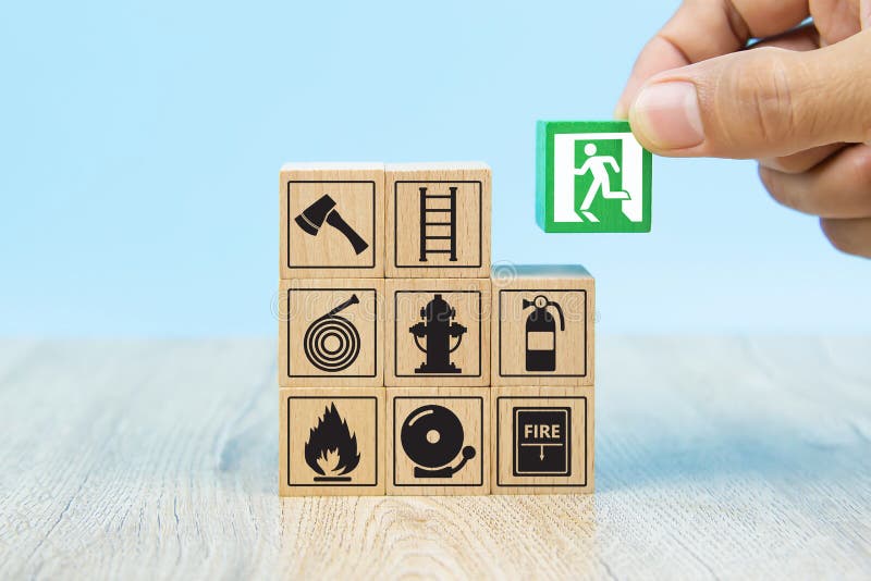 Wooded Blocks Stacking With Fire Escape Icons. Stock Image - Image of ...