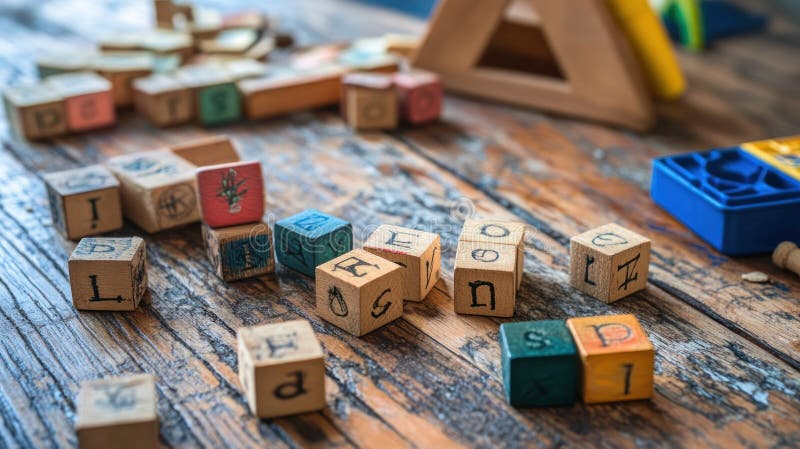 Wooden Alphabet Blocks Scattered on Wood Surface Stock Illustration ...