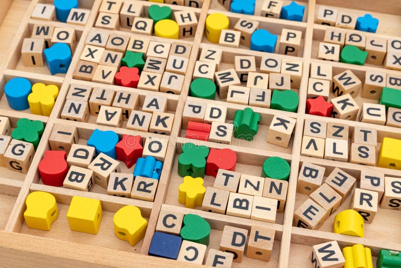 Wooden Alphabets Blocks Games for Learning in a Box Stock Photo - Image ...