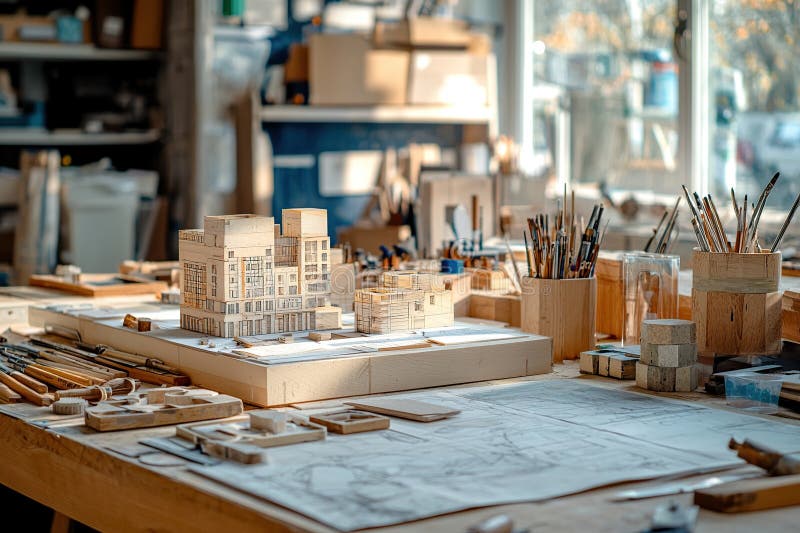 A Wooden Architectural Model of a Building Complex Sits on a Table in a ...