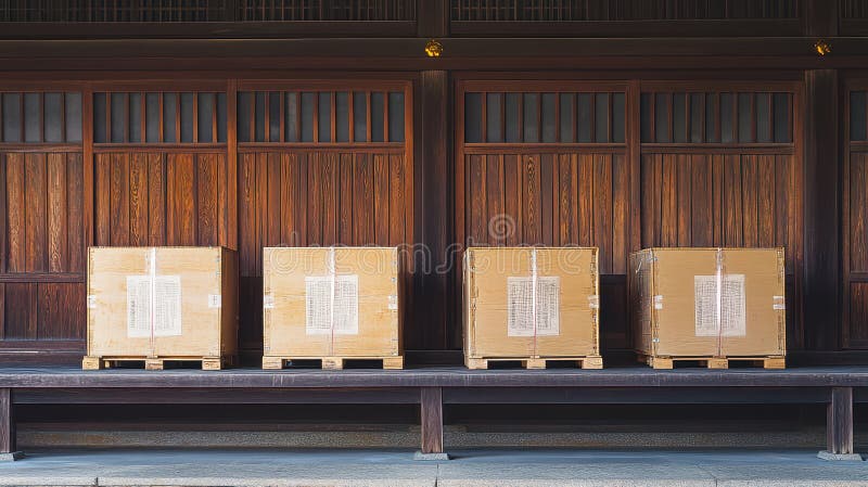 Wooden Architecture with Stacked Boxes on Platform Stock Image - Image ...