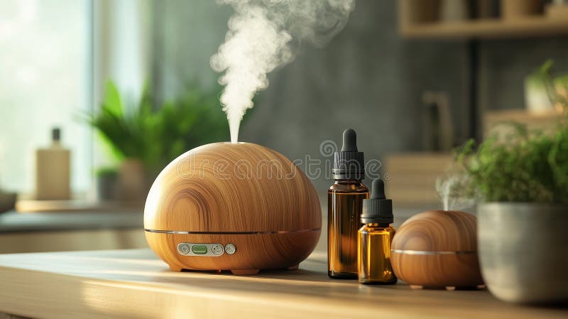 Aromatherapy Diffuser Releasing Mist in a Serene Kitchen with Essential ...