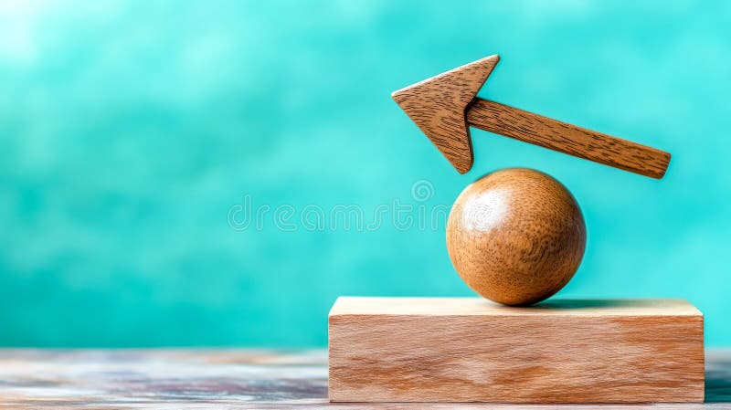 Wooden Arrow Balancing on Sphere on Turquoise Background Stock Image ...
