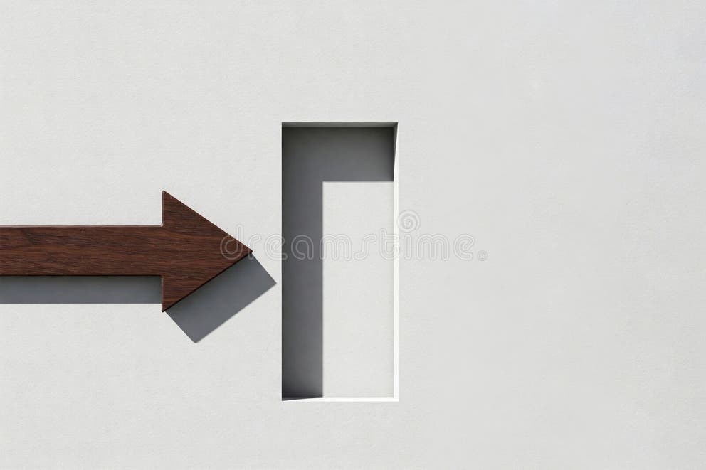 A Wooden Arrow Points To an Empty Rectangular Hole in the Wall. Space ...