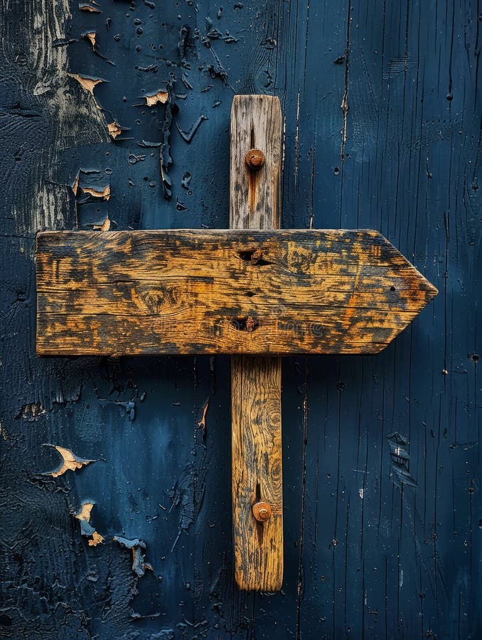 Wooden Arrow Sign on a Peeling Blue Painted Background. Stock Image ...