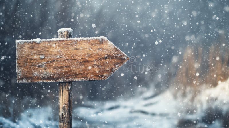 Wooden Arrow Sign with Snow Falling in a Winter Forest Stock ...