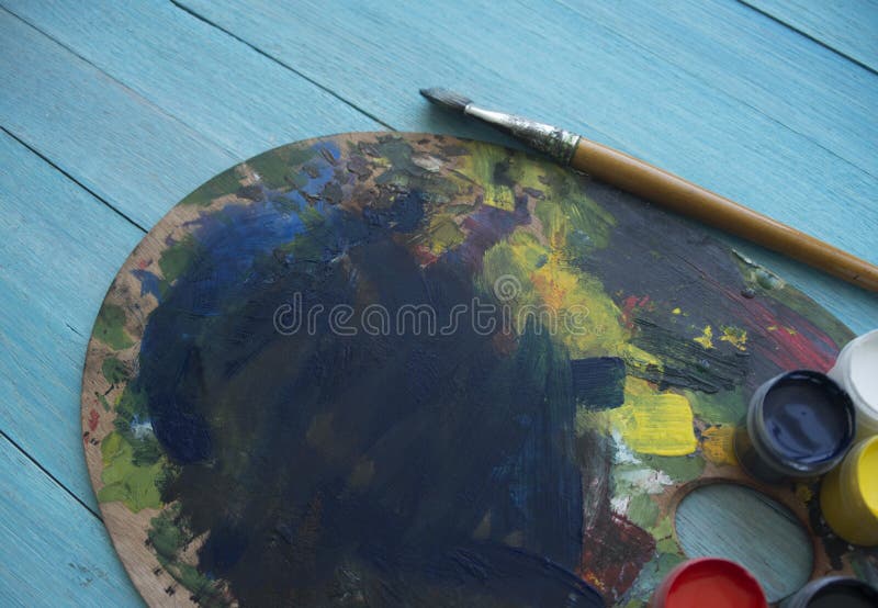 Wooden Art Palette with Paints and Brushes Stock Image - Image of hobby ... Wooden Art Palette with Paints and Brushes Stock Image - Image of hobby ...
