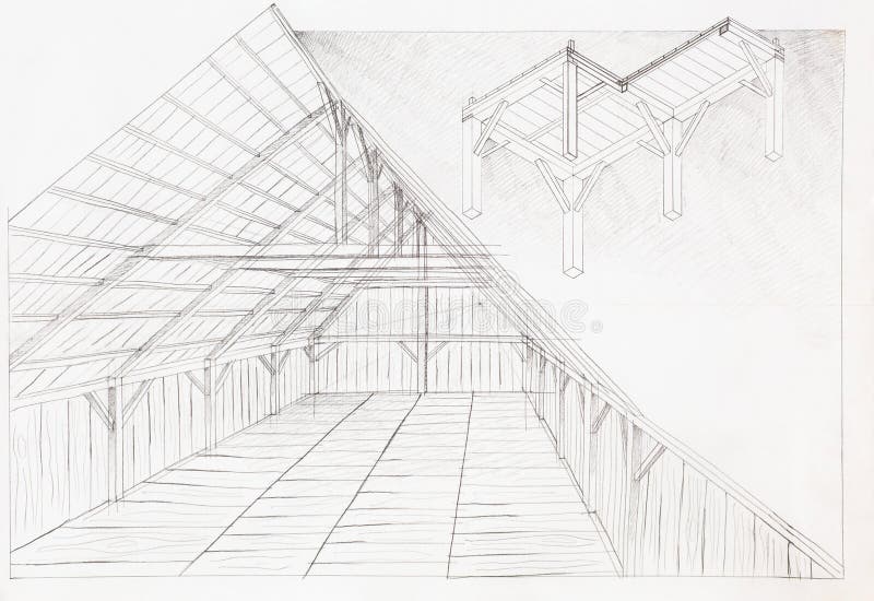 Wooden Attic, Architectural Sketch Stock Illustration - Illustration of ...