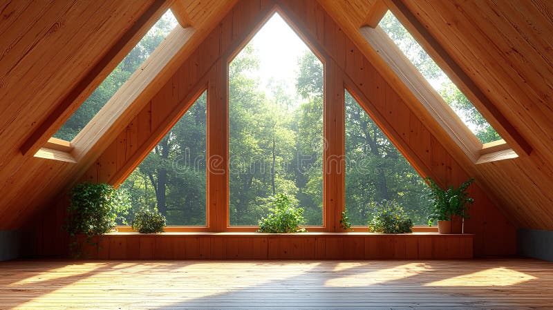 Wooden Attic Room with Large Windows Overlooking a Lush Forest Stock ...